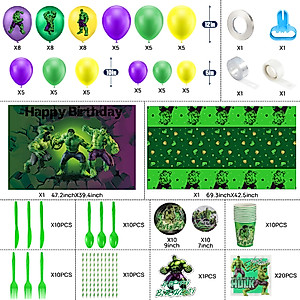 Hulk Birthday Party Supplies Decorations, Hulk Theme Backdrop, Tablecloth Balloons Kit Cups Plates Napkins Tableware Set for Kids Birthday Party Supplies
