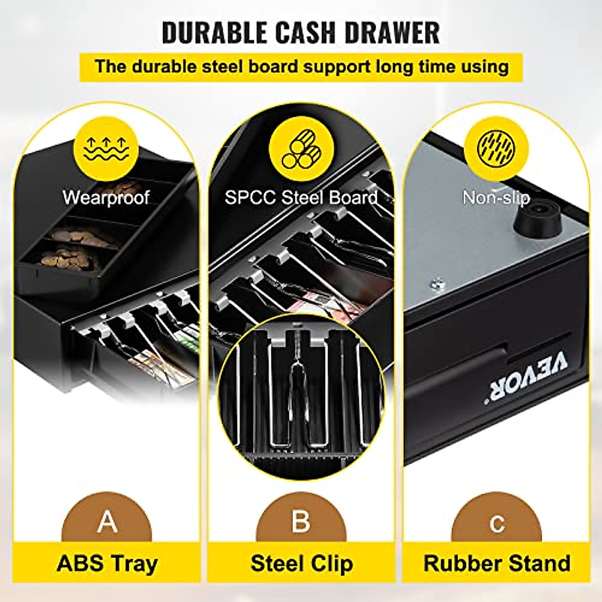 VEVOR Cash Register Drawer 13" 12 V for POS System with 4 Bill 5 Coin Cash Tray Removable Coin Compartment & 2 Keys Included, RJ11/RJ12 Cable for Supermarket Bar Coffee Shop Restaurant