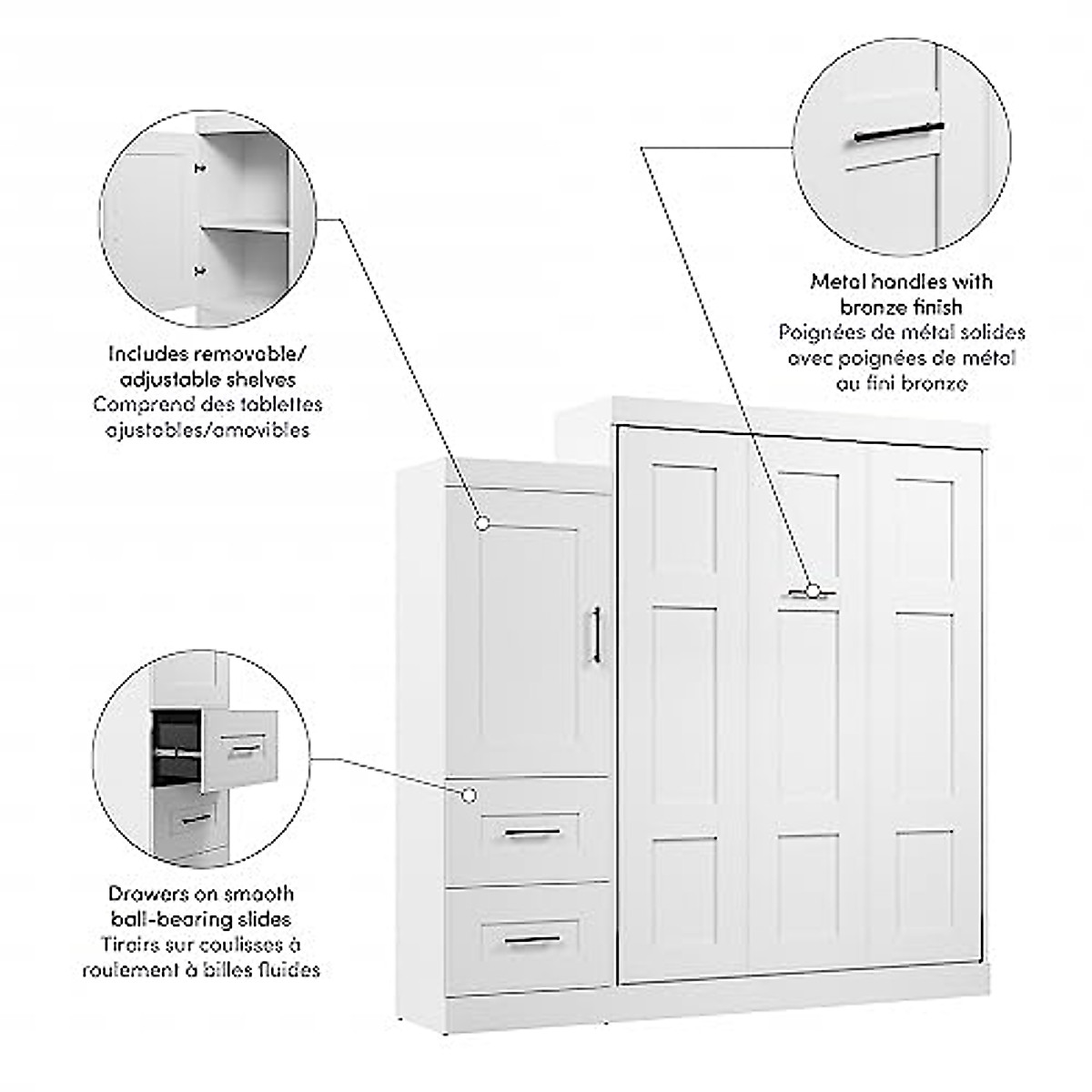 Bestar Edge Queen Murphy Bed and Wardrobe with Drawers in White, Space-Saving Wall Bed with Storage for Guest Room