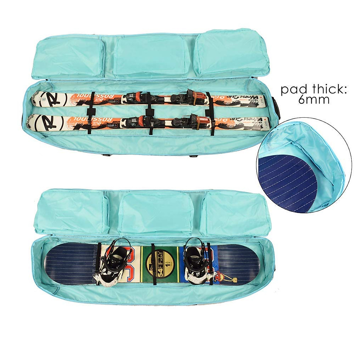 UNISTRENGH Fully Padded Snowboard Bag With Wheels Large Multi-compartment Ski Boots and Helmet Bag Perfect for Travel (Black/Blue, 180cm)