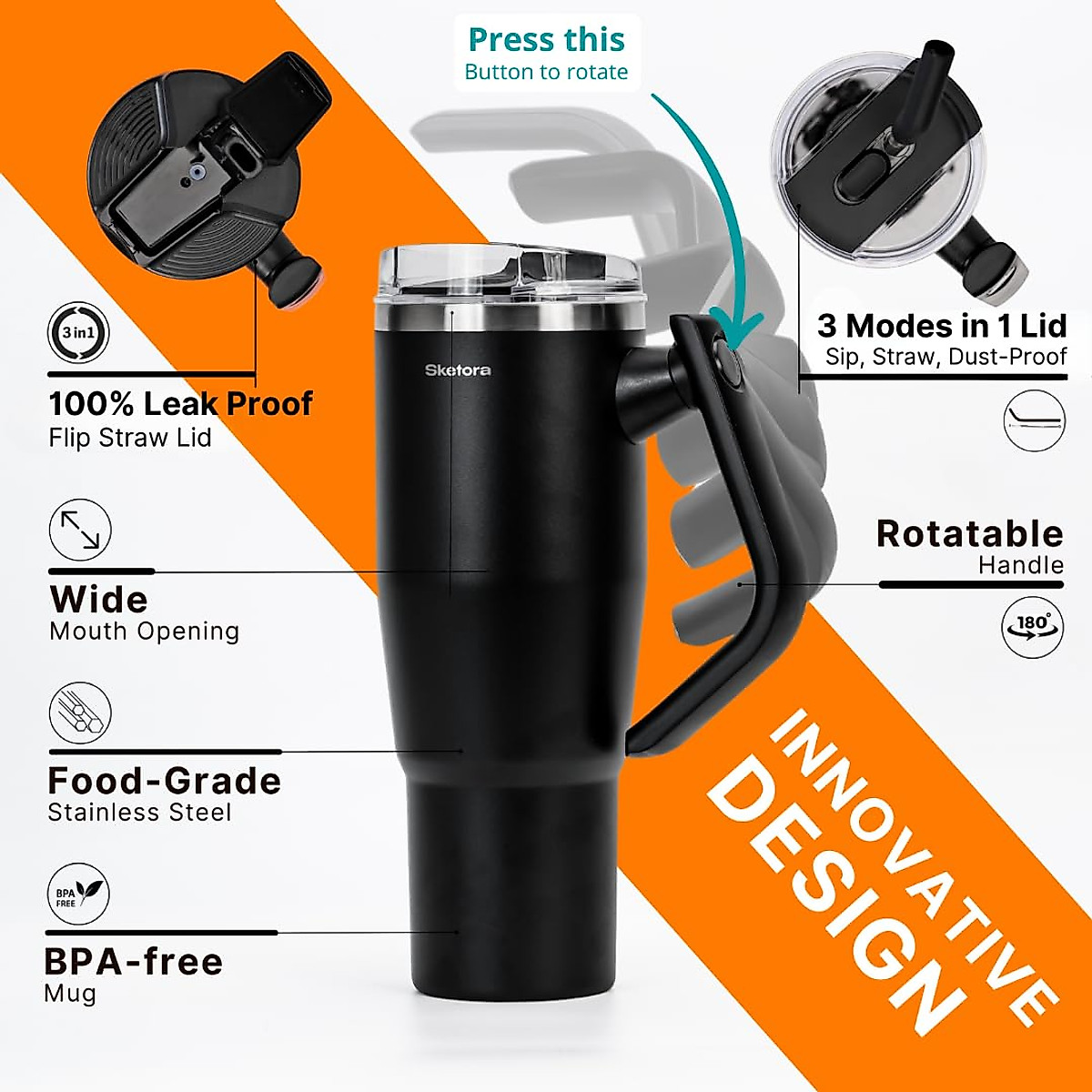 Sketora 32oz Insulated Tumbler with Rotatable Handle and 2 Lids (Flip Straw, 3-in-1 Sliding Lid) - Stainless Steel Travel Mug for Hot & Cold Drinks, Midnight Matte Black
