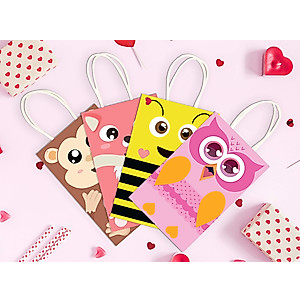 Funnlot Valentine Day Gift Bags For Kids 12PCS Cute Valentine Candy Bags Valentine Treat Bags Animals Valentine Paper Bags With Handles For Chocolate Snacks Valentine Party Favor Bags