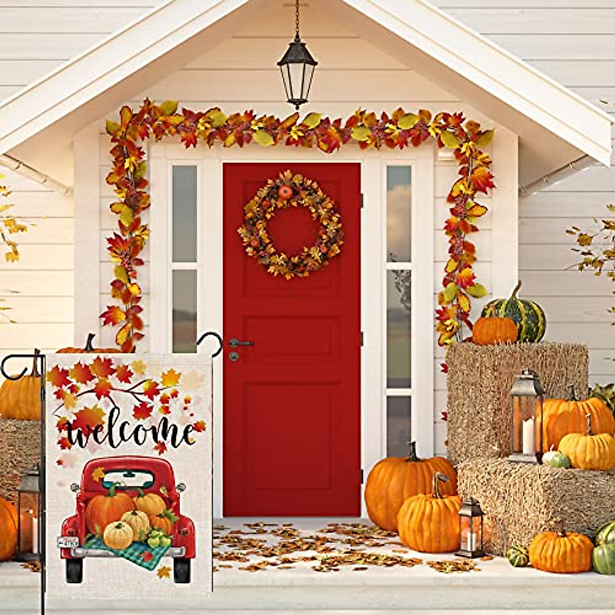 Thanksgiving Fall Welcome Garden Flags for Outside,Truck with Pumpkins Maple Leaves,Harvest Decorative Farmhouse Flag for Patch,12.5 x 18 Inch Double Sided,Small Thanksgiving Yard Flags for Autumn Outdoor Decor