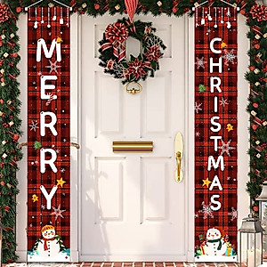 Merry Christmas Banner Christmas Porch Sign Decorations - Red Black Buffalo Plaid Outdoor Xmas Decor, Hanging Christmas Banner for Indoor Outside Front Door Garage Holiday Party Wall Decor