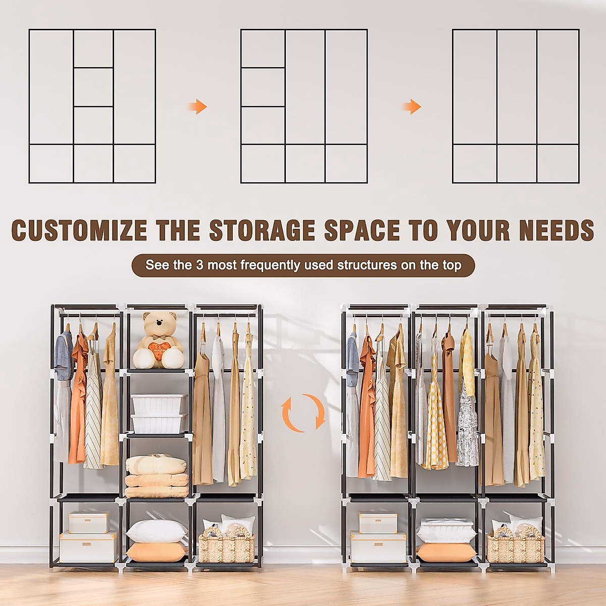 Neatrays Wardrobe Closet，Portable Closets for Hanging Clothes,Free Standing Clothes Rack with Cover & 3 Hanging rods & 6 Storage Shelves & 2 Side Pockets