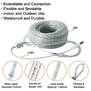 SURNIE Rope Lights Outdoor Waterproof Daylight-White: 540 LEDs 50ft Cuttable Outside Bright 110V Lighting 6000K Connectable Flexible Plug Thick Cool Clear Tube - Indoor Deck Patio Xmas Camping Décor
