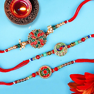 Indotribe 3 Pc Rakhi For Brother And Bhabhi Rakhi for brother Rakhi Set Rakhee for Brother Sister Bracelets Rakhi Gifts For Brother Lumba Rakhi For Bhabhi Rakhi With Roli Chawal Rakhi Sets lumba rakhi