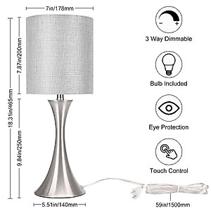 3 Way Touch Control Table Lamp, Dimmable Bedside Desk Lamp with Metal Base Modern Nightstand Lamp Stylish Grey Shade Simple Side Table Lamps for Bedroom, Living Room, Office or Den LED Bulb Included