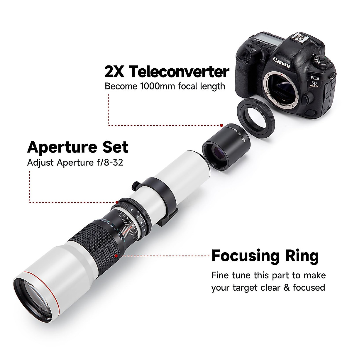 JINTU 500-1000mm f/8 Manual Telephoto Lens + T-Mount for Canon EOS Rebel SL2 SL1 T3 T3i T4i T5 T5i T6 T6i T6s T7 T7i 4000D 6D 7D 60D 70D 77D 80D 5D II/III/IV 550D 650D SLR Camera Lenses