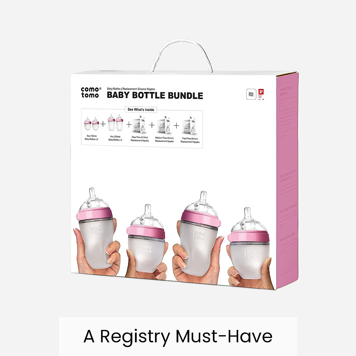 Comotomo Baby Bottle Bundle, Pink, (7 Piece Set)