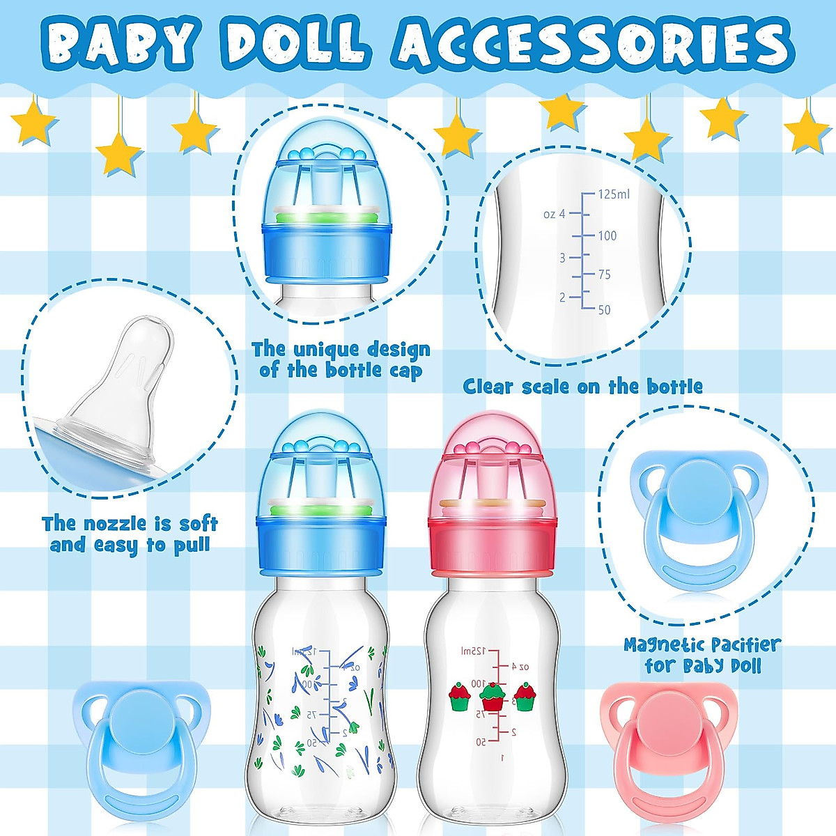 Jexine 4 Pieces Reborn Doll Accessories, Includes 2 Magnetic Pacifier and 2 Baby Doll Bottles Baby Alive Pacifier Feeding Bottle Gift for Baby Shower Birthday, Random Pattern, Pink and Blue (Cute)