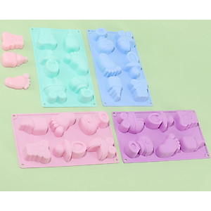 DD-life 4 Pcs Baby Shower Party Silicone Mold,Bear Pacifier Little Feet Feeding Bottle Baby Carriage Silicone Fondant Mold for Chocolate,Soap,Sugar,Polymer Clay(1Purple,1Pink,1Green,1Blue)