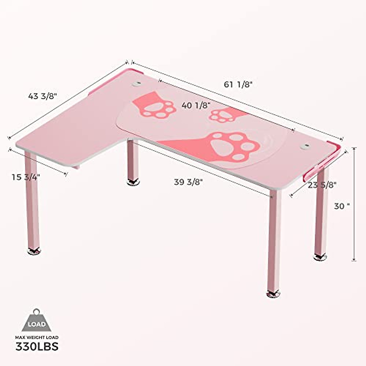 DESIGNA Pink Gaming Desk, 60 inch Pink L Shaped Gaming Desk, with Full Covered Cute Pink Desk mat for Girl Gaming Desk Pink, Easy to Assemble, Left Side