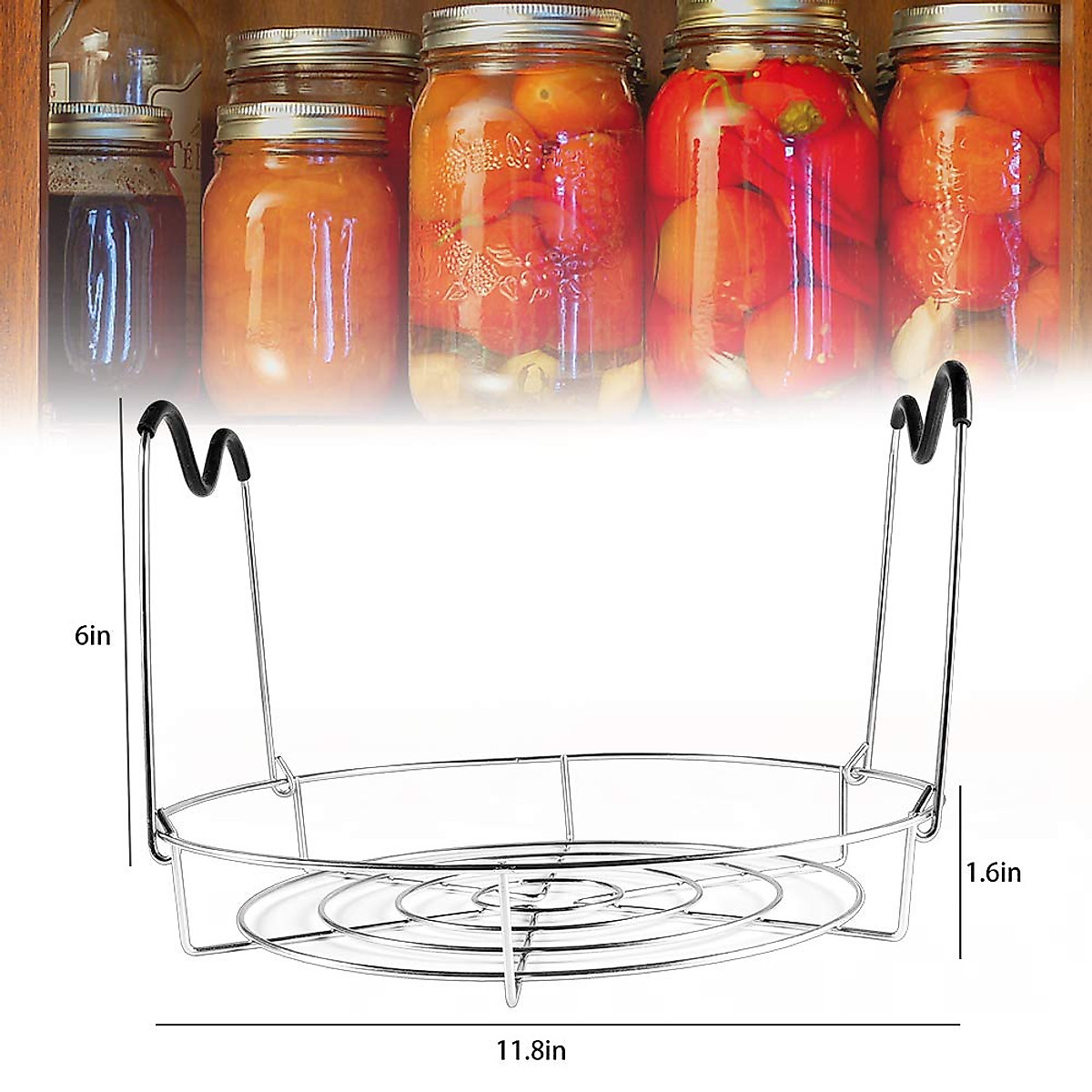Picowe 11.7inch Canning Rack, Stainless Steel Steamer Canning Jar Rack with Silicone Handle, Canner Rack Canning Supplies Kit for Regular Wide Mouth Mason Jars Ball Jars(1 Pack)