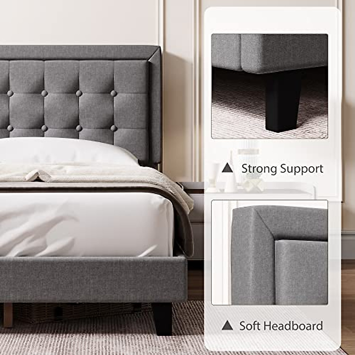 Senfot Full Size Bed Frame, Modern Upholstered Platform Bed with Button Tufted Headboard, Heavy Duty Metal Foundation with Wood Slats Supports No Box Spring Needed in Light Grey