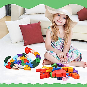 LovesTown 2 PCS Wooden Animal Puzzles, Alphabet Building Blocks for Kids, Preschool Letters and Numbers Puzzles, ABC Animal Puzzle for Toddlers