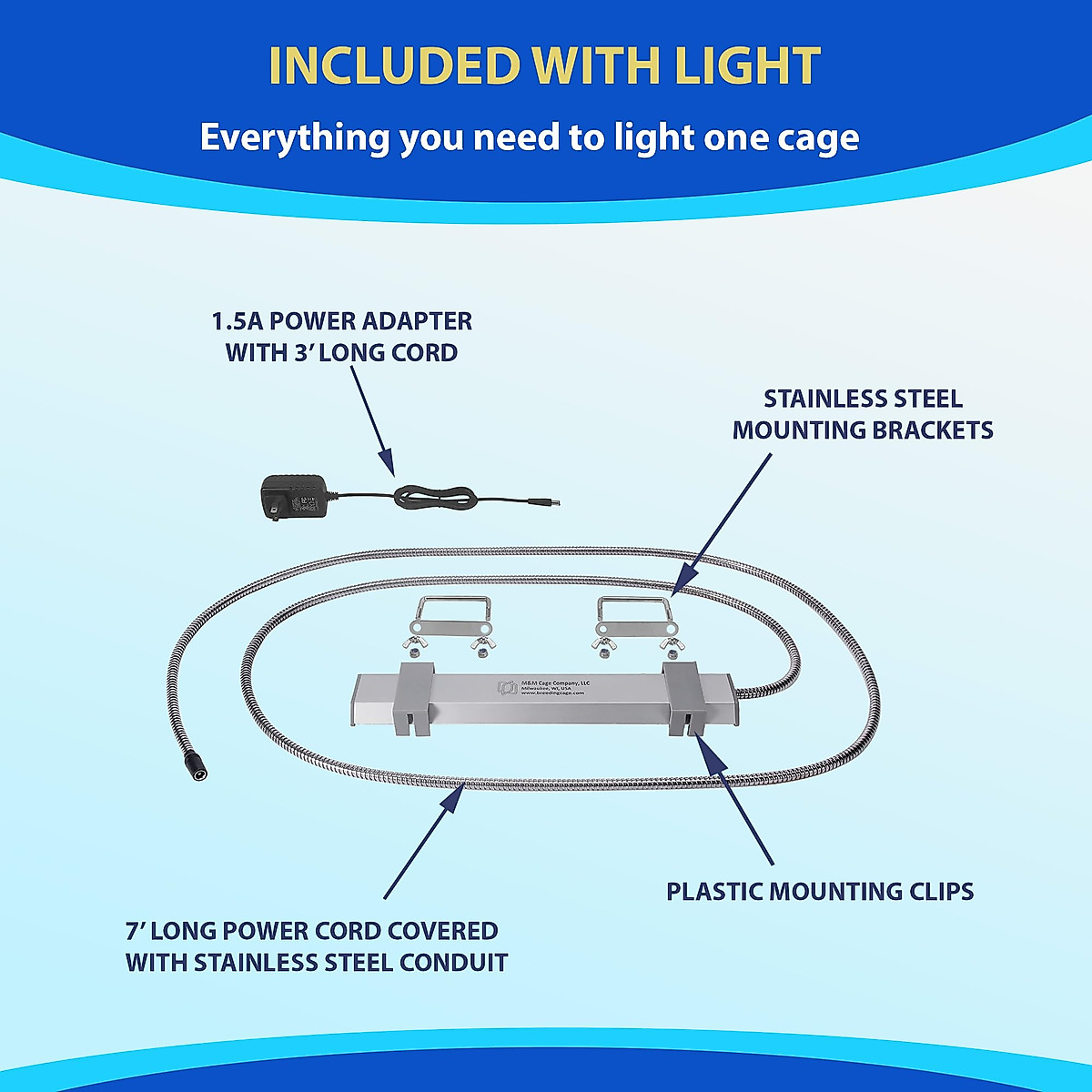 HappyBird Lighting Bird Cage Light with Chew Guard - Full Spectrum LED Pet Light - Simulates Natural Environment - Safe for Hookbill Birds – Easy to Install - (10" Long)