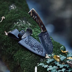 VikingsBrand Norse Viking-styled Knife - Huginn & Muninn Hand Forged Knife with Raven Engraving, Ergonomic Ash Wood Handle & Genuine Leather Sheath Holder - 4.7" Long Blade, 4.3" Handle