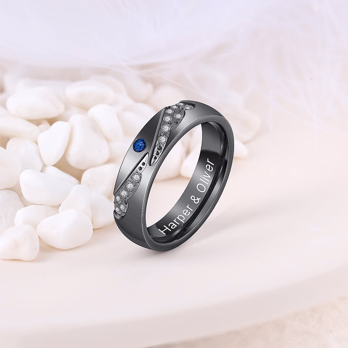 Luxladis Personalized Couples Rings Set for Him and Her Promise Rings for Couples Free Engraving Custom Name Stainless Steel Engagement Rings for Couples Valentines Day (Angelwings)