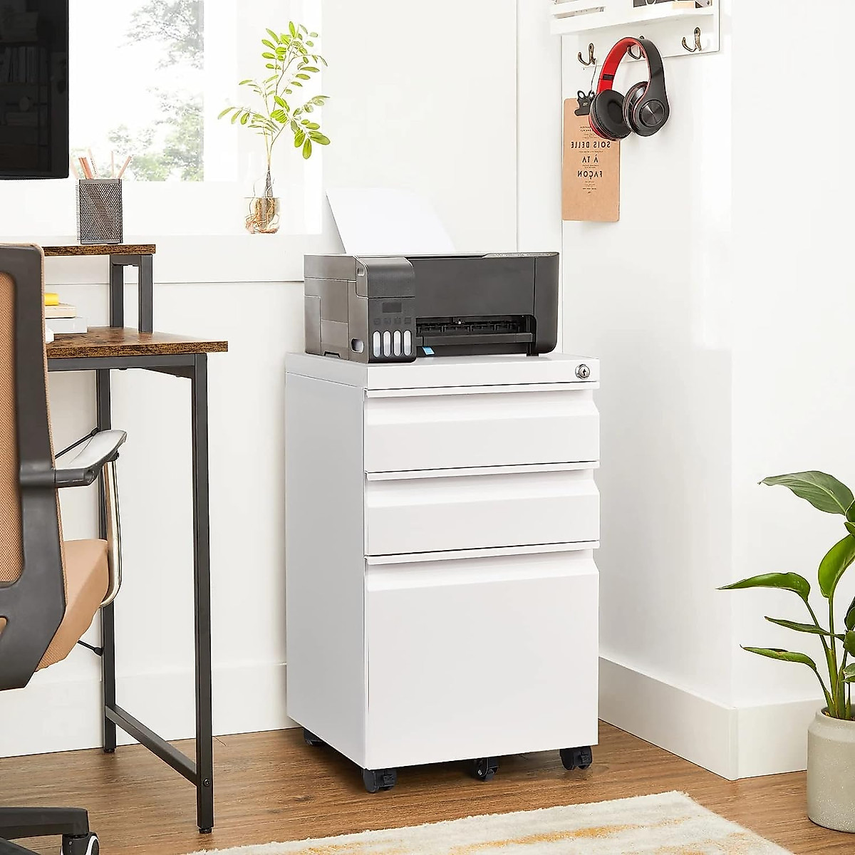 Daokesecr Filing Cabinets for Home Office, 3 Drawer File Cabinet with Lock, Under Desk Home Office Cabinet, Locking File Cabinet for A4/Letter/Legal, Fully Assembled Expect Casters, Matte White