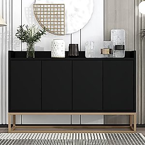 Modern Sideboard Buffet Cabinet, Kitchen Storage Cabinet with 4 Doors, Adjustable Shelves & Metal Legs, Storage Cupboard Console Table for Dining Room Entryway (Black)