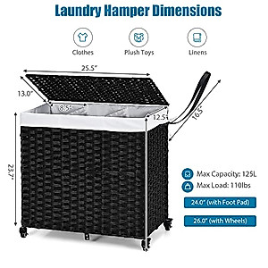 GOFLAME Laundry Hamper with Lid and Wheels, Hand Woven Rattan Clothes Hamper with 125L Large 3 Divided Sections and 2 Removable and Washable Liner Bags, Dirty Clothes Hamper Storage with Handles