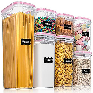 tyeloftute Airtight Food Storage Containers Set with Lids (7 Pack) for Kitchen and Pantry Organization Canister Set Free Marker and 7 Labels (Pink)