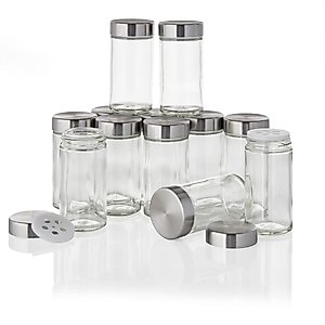 Kamenstein Clear Reusable 3 Oz Jars With Stainless Steel Shaker Lids, And Twist-On Caps For Airtight Seals 12 Pk