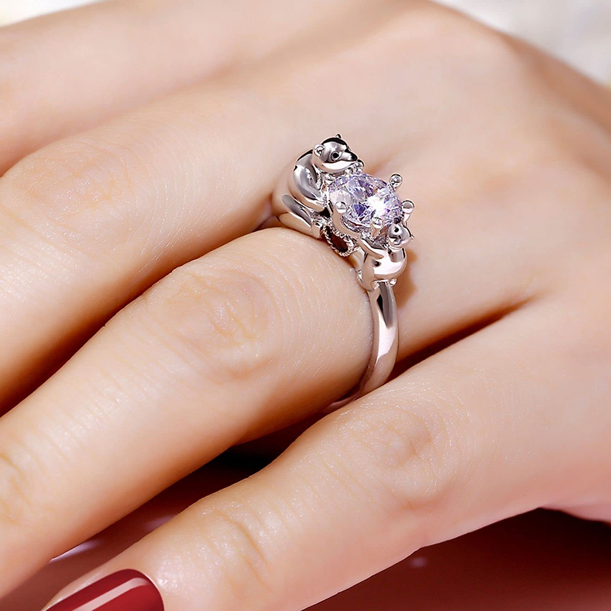 Jeulia 2.5 ct Diamond Band Rings Hug Me Mother & Baby Round Cut Sterling Silver Ring Dragon Koala Engraved Engagement Ring Anniversary Promise Graduation for Women Girls (Polar Bear, M-½)