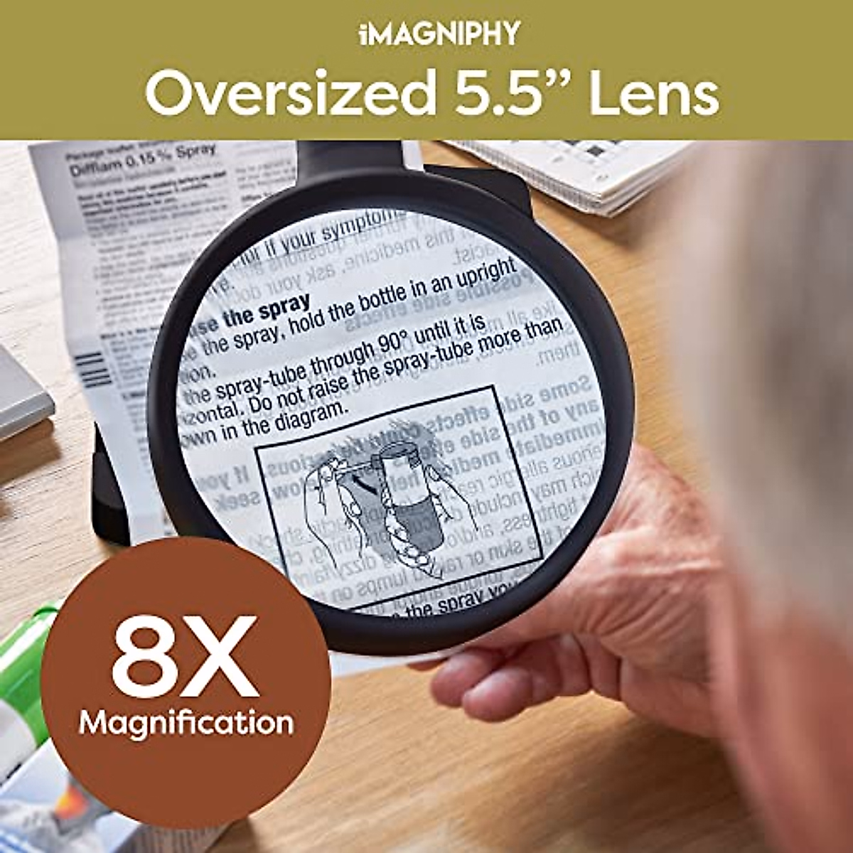 iMagniphy 8X Desk Magnifying Light - White or Black - Magnifying Lamp for Reading, Crafts - Desk Magnifying Glass with Light and Stand, 6 LEDs, Base