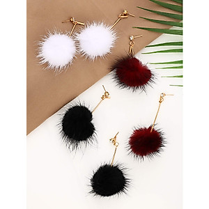 Hicarer 6 Pairs Ball Earrings Pom Pom Earrings Faux Fur Ball Earrings Pom Dangle Earrings Puff Ball Earring for Women