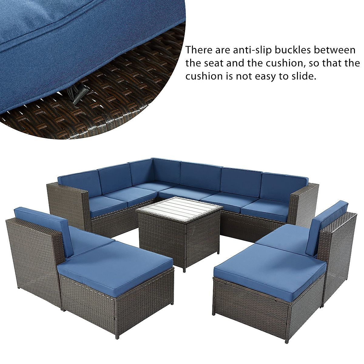 Merax 9-Piece Patio Furniture Set Outdoor Conversation PE Wicker Rattan Sectional Sofa, Coffee Table and Ottoman, Blue
