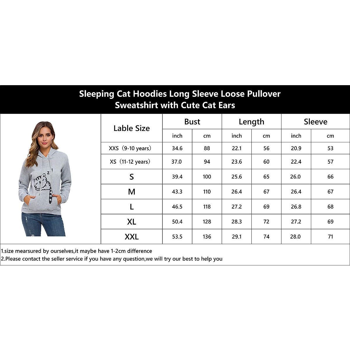 RGOSME Pullover Sweatshirts for Women Kawaii Cat hoodie Kawayii Hoodies for Girls 10-12 (Grey,XS)
