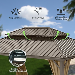 Domi Outdoor Living 12’ X 20’ Hardtop Gazebo, Outdoor Aluminum Frame Canopy with Galvanized Steel Double Roof, Outdoor Permanent Metal Pavilion with Curtains and Netting for Patio, Backyard and Lawn