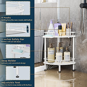 Consumest Corner Shower Caddy Stand - 2 Tier Shower Organizer with Soap Holder, Standing Tall Floor Shower Stand with Adjustable Feet & 2 Hooks, Shower Shelf Rack Storage for Bathroom White