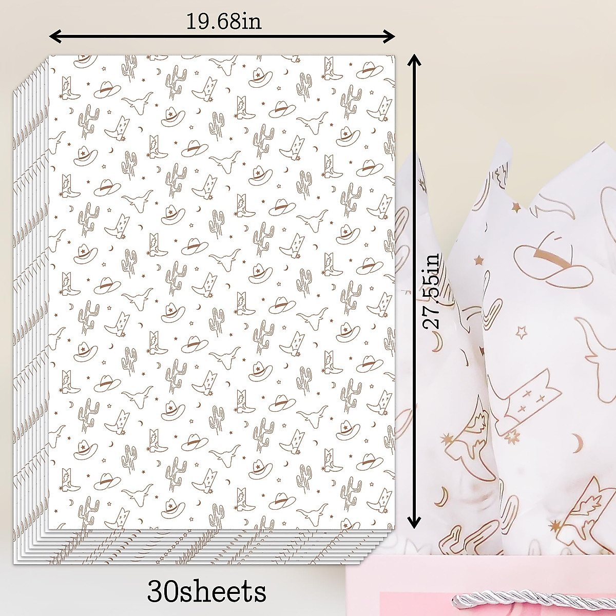 Hi Sasara 30 Sheets Brown Western Cowboy Cowgirl Tissue Paper Bulk,20 x 28 inch,Western Cow Boy Hat and Cow Boy Boots Tissue Paper for Gift Bags,Cow Boy Girl Tissue Paper for Boy Girl Birthday (Brown)