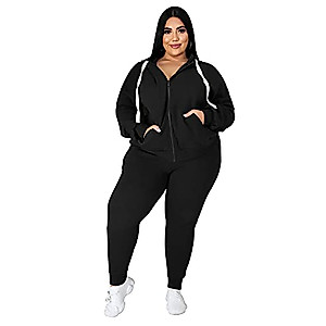 NoeYois Womens Plus Size 2 Piece Outfits Long Sleeve Sweatsuit Hooded TrackSuit Sets Matching Loungewear with Pockets-Black 3XL