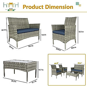 HTTH 4-Piece Outdoor Patio Furniture Sets Wicker Sofa with Cushions and Coffee Table Garden Lawn Pool Backyard Outdoor Sofa Sets (Grey-Deep Blue)