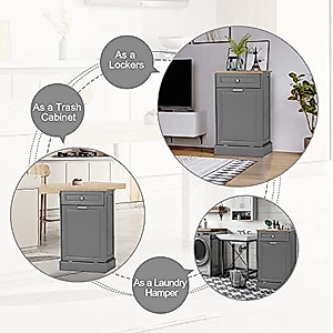 ONG Tilt Out Trash Cabinet Free Standing Kitchen Wooden Trash Can New Upgrade Recycling Cabinet, Hideaway Trash Holder, Kitchen Waste Bin, W/Drawer(Gray)
