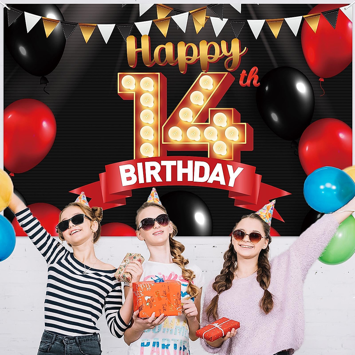Happy 14th Birthday Black Banner Decorations Gold Backdrop Red and Black Balloons Theme Decor for Girls Women Princess 14 Years Old Birthday Party Supplies Photo Booth Props Background Favors Glitter