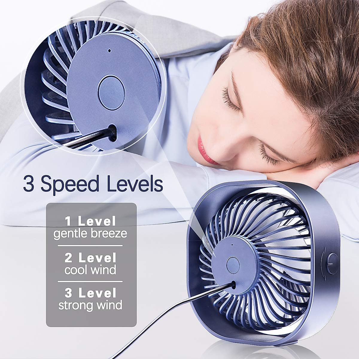 3 Speed USB Mini Desk Fan, Portable Table Fan with Strong Wind Quiet 360°Rotatable Personal Small USB Powered Desktop Fan for Home Office Dorm(blue)