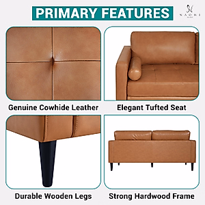 Naomi Home Genuine Leather Sofa - Revel in Exquisite Leather Opulence - Unparalleled Luxury Mid-Century Leather Sofa - Embodiment of Cozy Lounging and Contemporary Design Tan