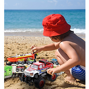 Mozlly Bundle of Friction Powered Hauler ATVs or Monster Trucks Car Carrier Playset & Monster Truck with Speed Boat Trailer Transport Toys - Push & Go