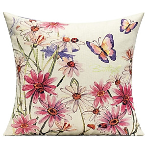 WOKANI Spring Outdoor Throw Pillow Covers 18x18 Set of 4 Decorative Cushion Cases for Patio Bench Couch Sofa Home Garden Decor,Butterfly Flower Floral Ladybug Lavender