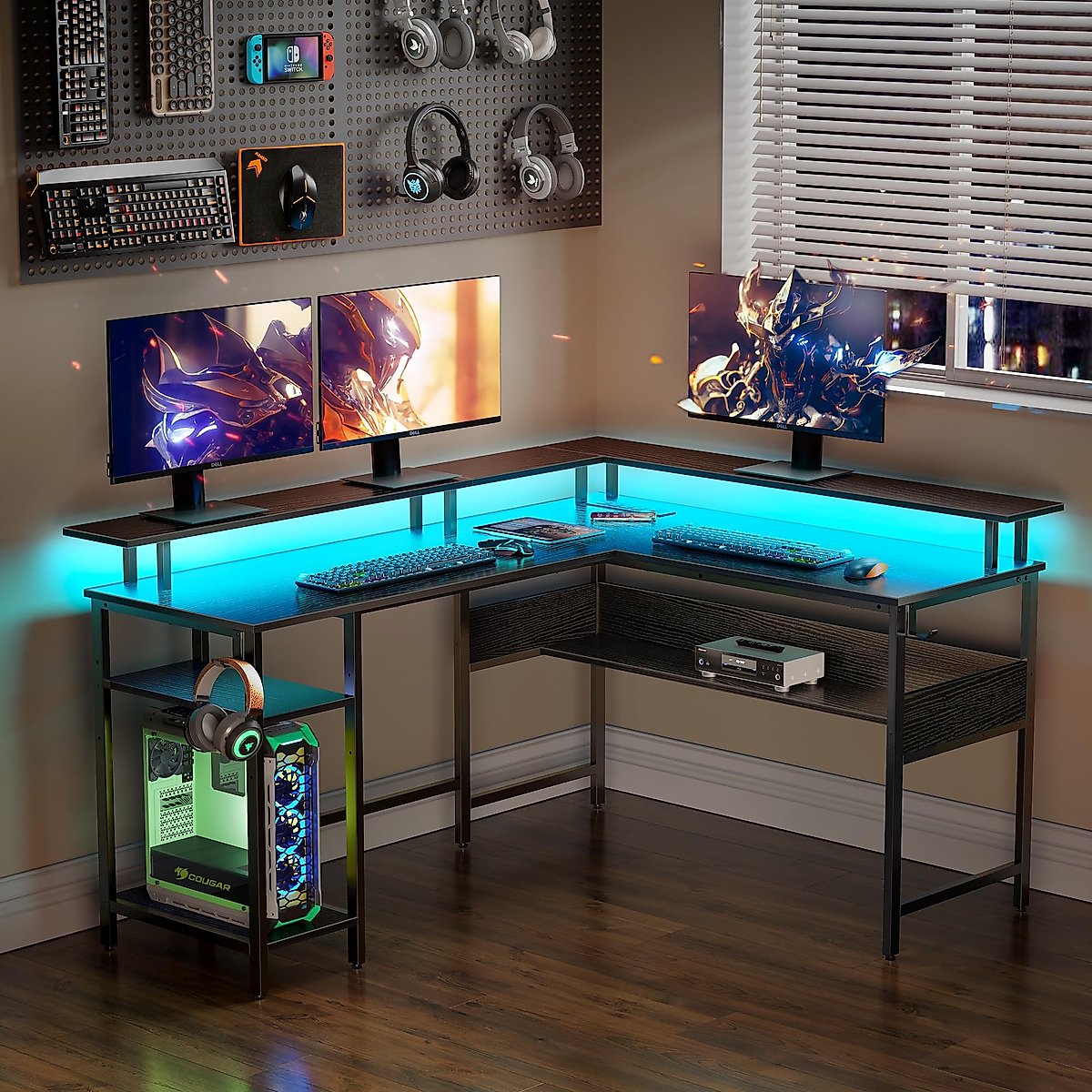 Rolanstar Computer Desk L Shaped 56.7" with LED Lights and Power Outlets, Reversible L Shaped Gaming Desk with Monitor Stand, Home Office Desk with Storage, Desk with USB Port and Hook, Black