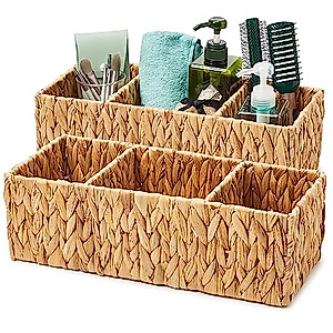 EZOWare Natural Water Hyacinth Storage Baskets Bundle Kit, Set of 4 Woven Wicker Organizer Bin for Organizing Bathroom, Toilet Tank Top, Vanity Countertop, Kitchen Pantry
