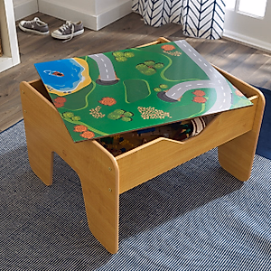 KidKraft 2-in-1 Reversible Top Activity Table with 200 Building Bricks and 30-Piece Wooden Train Set, Natural, Gift for Ages 3+
