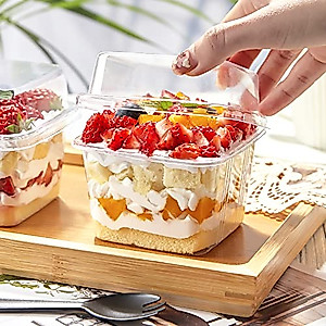 TOFLEN 50 Count 8 oz Clear Plastic Square Dessert Cups with Lids and 50 Sporks - Plastic Parfait Cups for Mousse Pudding Overnight Oats Yugurt Fruit - Party's Appetizer Serving Cups
