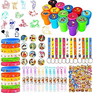 Nacipier 124PCS Bear Baby Shower Party Favor Supplies, Themed Birthday Decorations Including 12 Bracelets, 12 Keychains, 12 Button Pins, 50 Stickers, 14 Stampers, 12 Bubble Wands and Stickers