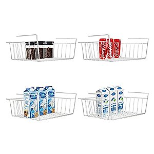 Under Shelf Basket, 4 Pack White Wire Rack, Slides Under Shelves for Storage Space on Kitchen Pantry Desk Bookshelf Cupboard